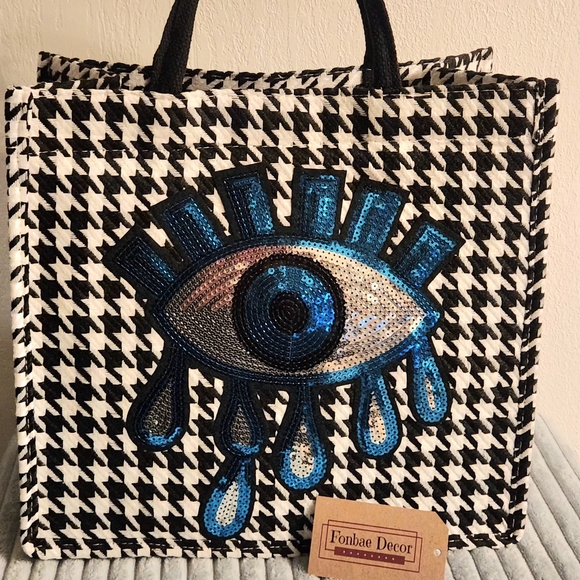 Bags | Custom Houndstooth Plaid Handbag With Evil Eye Sequin Embroidery ...